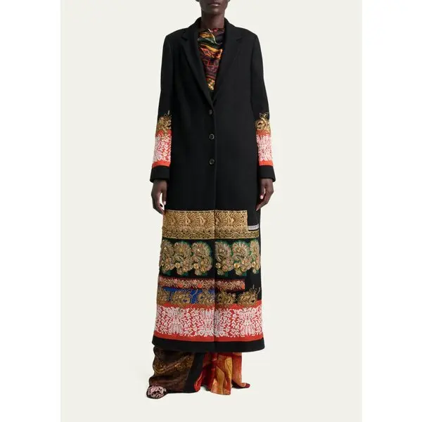 Dries Van Noten Embroidered Patchwork Long Wool Coat
