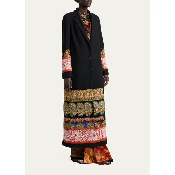 Dries Van Noten Embroidered Patchwork Long Wool Coat