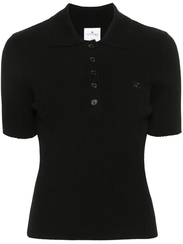 COURREGES Signature Rib Knit Polo With Logo Patch - Black