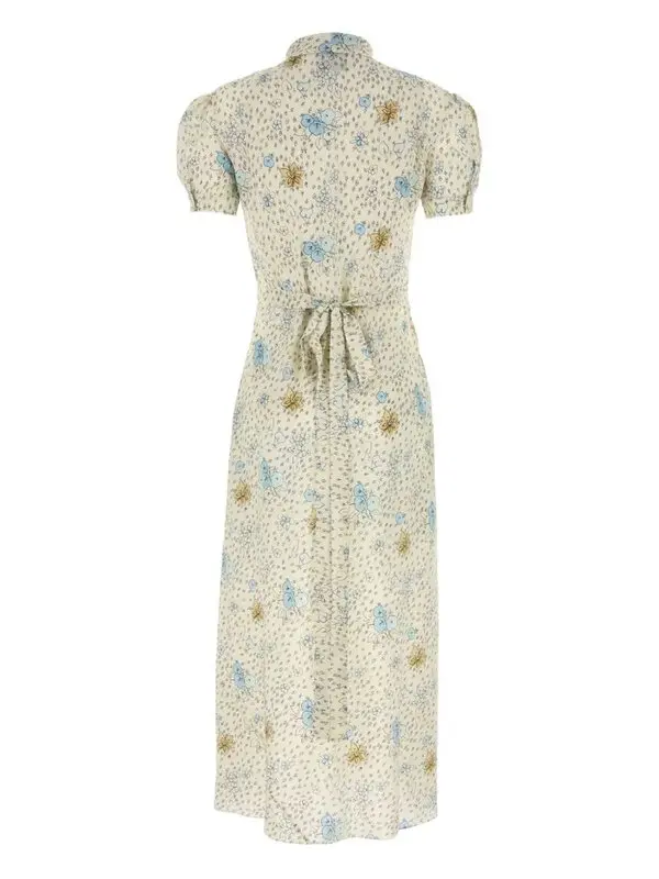 Miu Miu Floral Puff Sleeve Mini Dress With Tie Neck And Self-tie Belt - Bianco