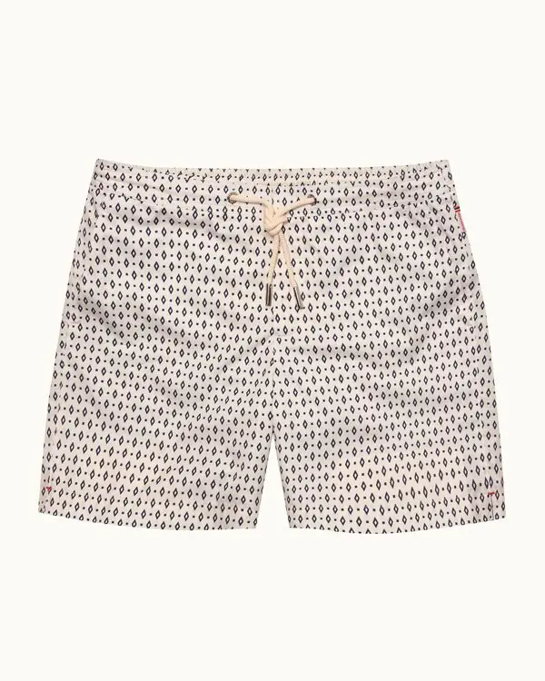 Orlebar Brown Forma Print Drawcord Swim Shorts In White Sand And Night Iris