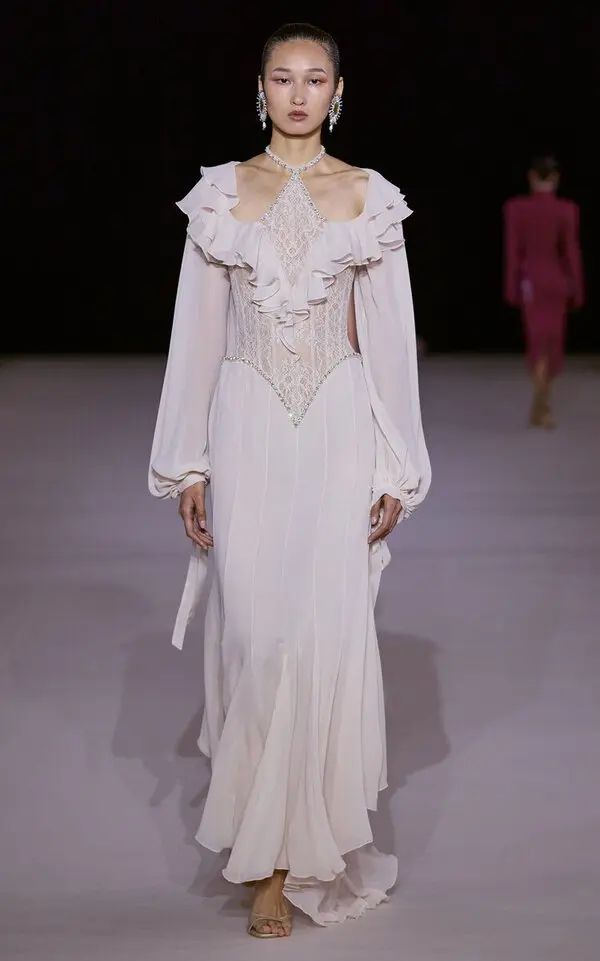 GEORGES HOBEIKA Ruffled Silk-blend Lace Gown