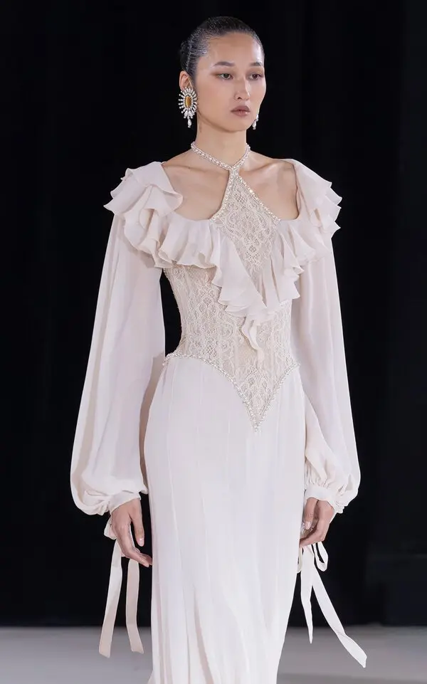 GEORGES HOBEIKA Ruffled Silk-blend Lace Gown