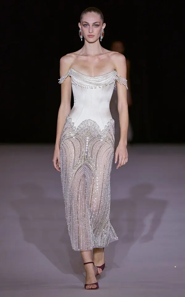 GEORGES HOBEIKA Embellished Off-shoulder Corset Silk-blend Gown