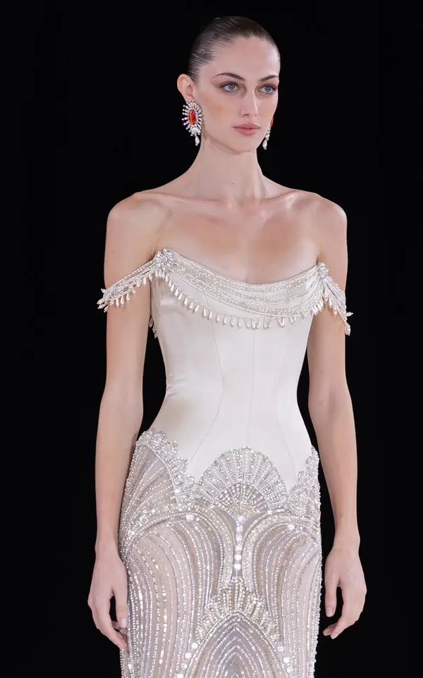 GEORGES HOBEIKA Embellished Off-shoulder Corset Silk-blend Gown