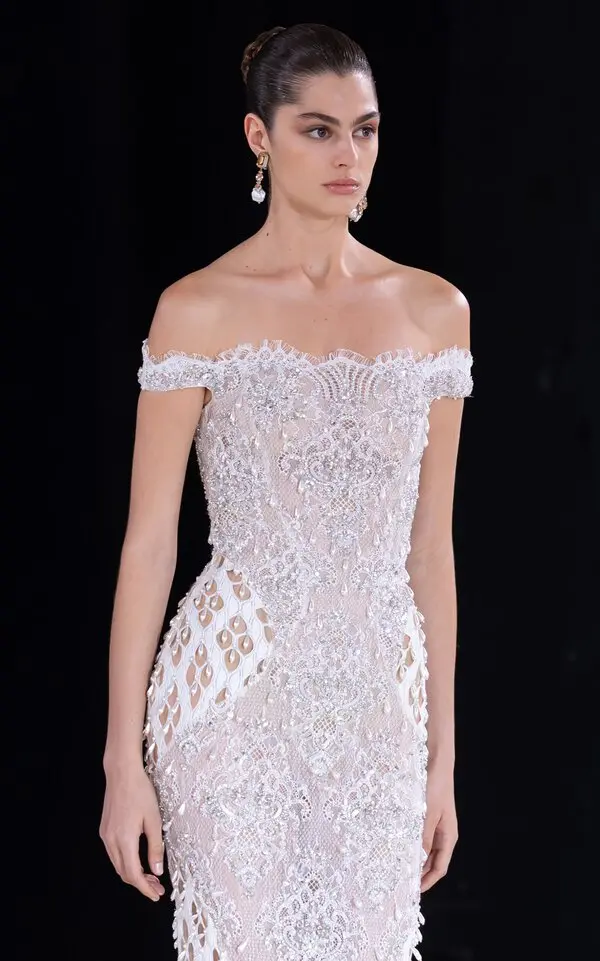 GEORGES HOBEIKA Embellished Off-shoulder Silk-blend Lace Gown