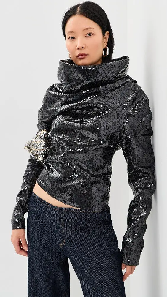 A.W.A.K.E. Mode Sequin High Neck Long Sleeve Top