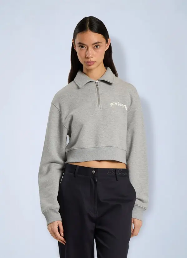 Palm Angels Curved Logo Crop Polo Crew Long Sleeve - Gray