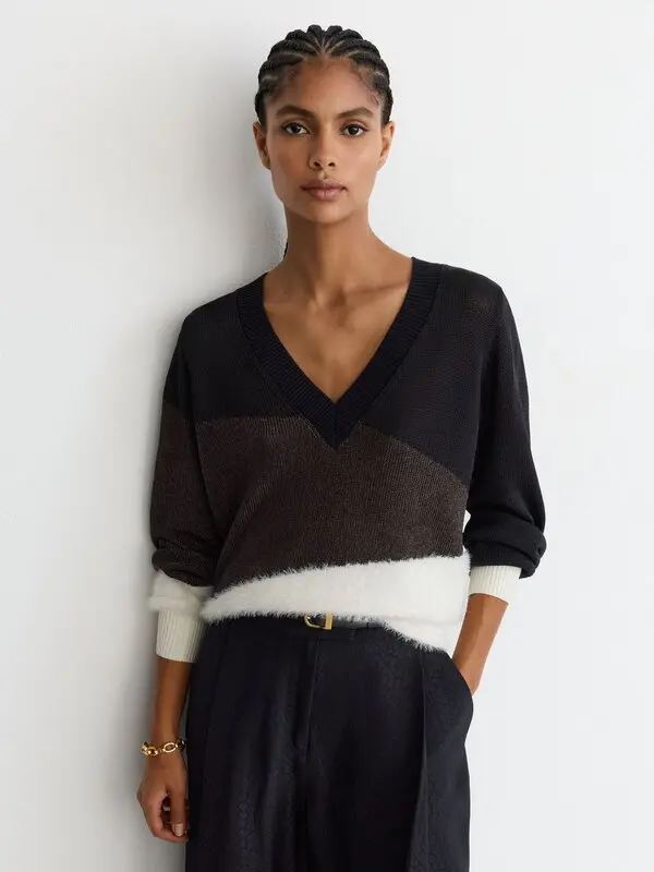 REISS Harley Panelled Metallic-knit Textured V-neck Jumper - Black