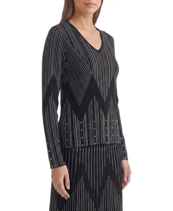 Ming Wang Silver Lurex Studded Soft Knit Top
