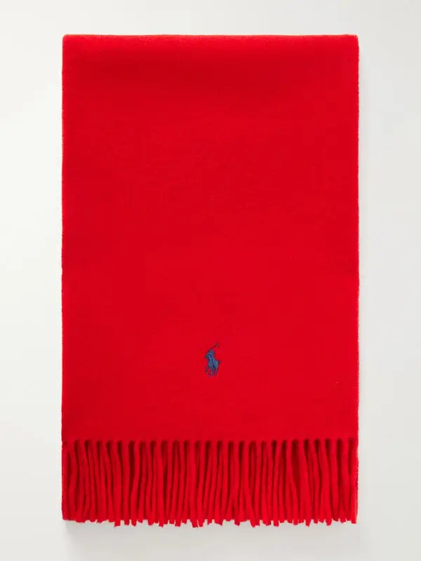 Polo Ralph Lauren Logo-embroidered Fringe-trimmed Brushed-wool Scarf