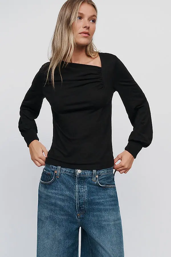NATION LOS ANGELES Erica Cotton Blend Asymmetric Top - Black