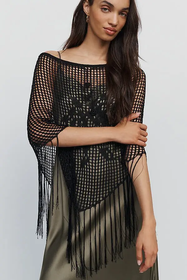 Anna Sui Knit Frged Poncho - Black