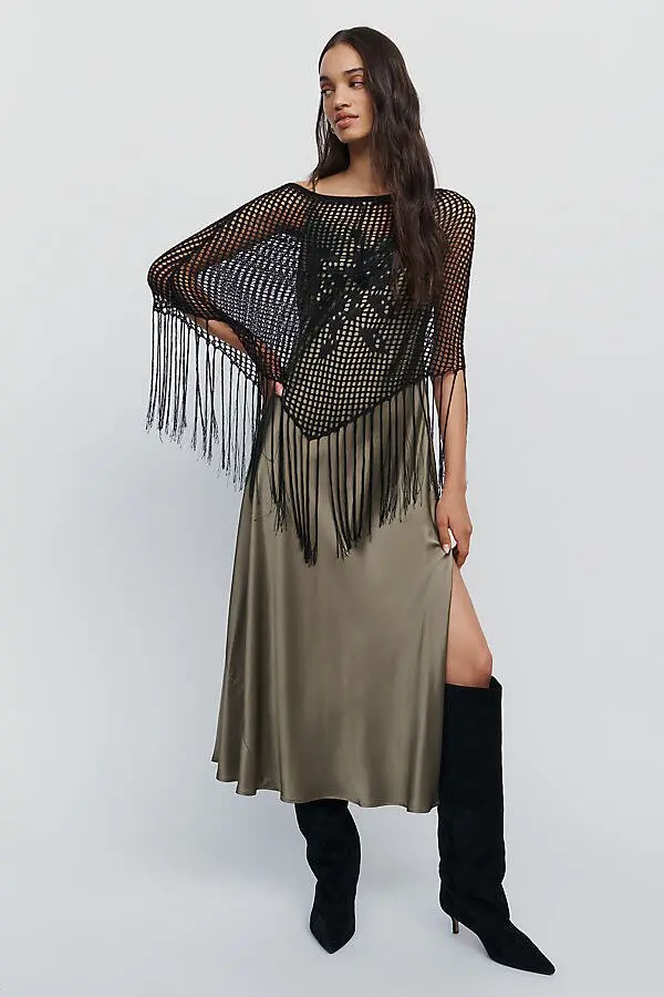 Anna Sui Knit Frged Poncho - Black