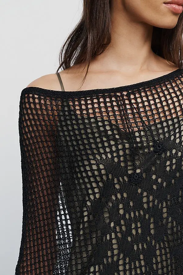 Anna Sui Knit Frged Poncho - Black
