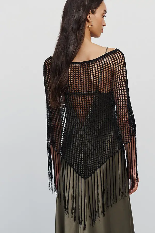 Anna Sui Knit Frged Poncho - Black