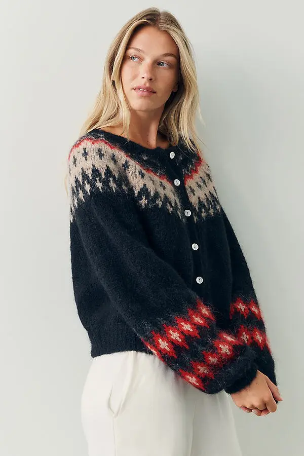NATION LOS ANGELES Alpaca Blend Fair Isle Cardigan - Black Pattern