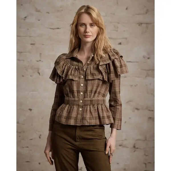 Ralph Lauren Ruffle-trim Plaid Cotton Blouse