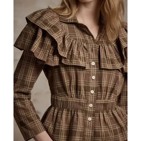 Ralph Lauren Ruffle-trim Plaid Cotton Blouse