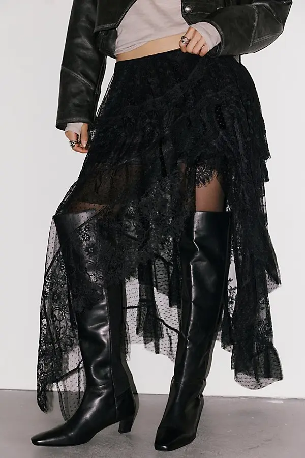 Free People Cosette Spliced Lace Asymmetrical Skirt - Black