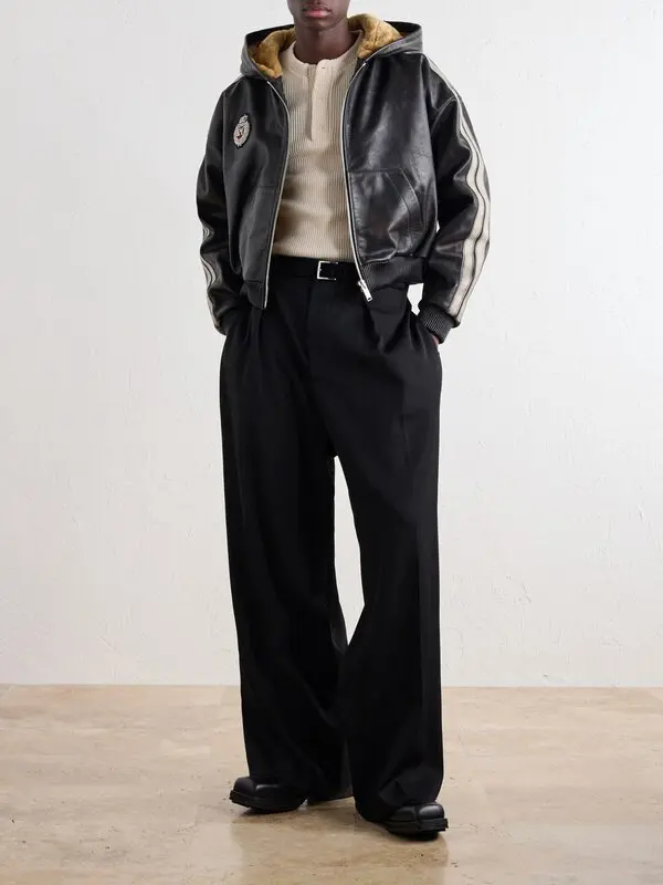 424 Logo-appliquéd Shearling-lined Striped Leather Hooded Jacket