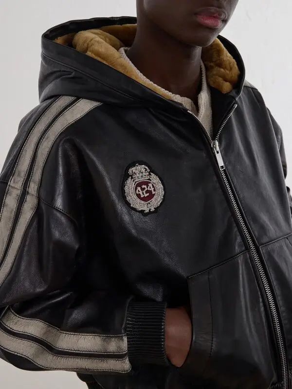 424 Logo-appliquéd Shearling-lined Striped Leather Hooded Jacket