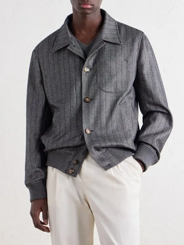 Brunello Cucinelli Pinstriped Herringbone Cashmere And Silk-blend Woven Blouson Jacket