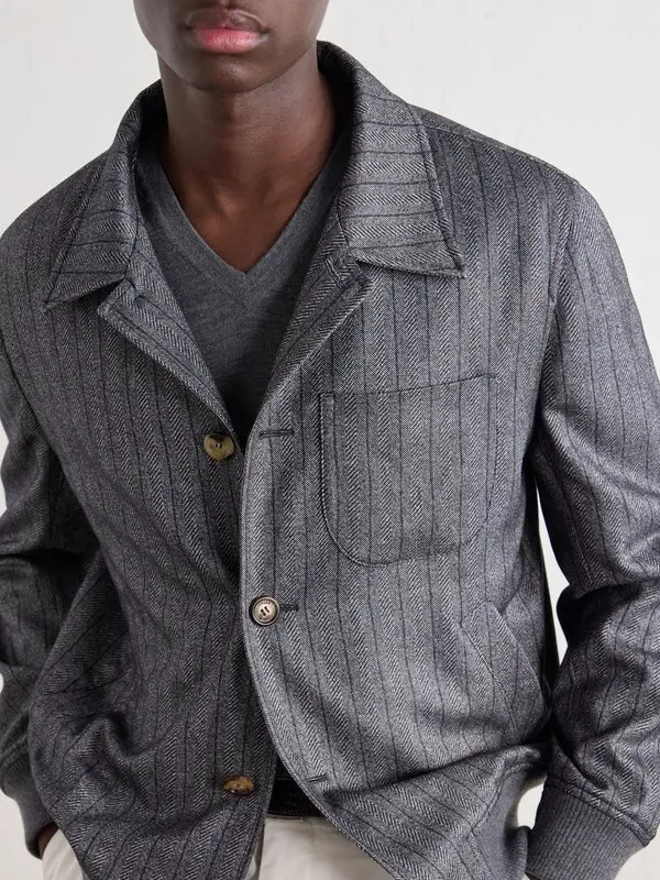 Brunello Cucinelli Pinstriped Herringbone Cashmere And Silk-blend Woven Blouson Jacket