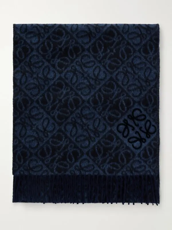 Loewe Anagram Fringed Jacquard-knit Wool And Cashmere-blend Scarf - Blue