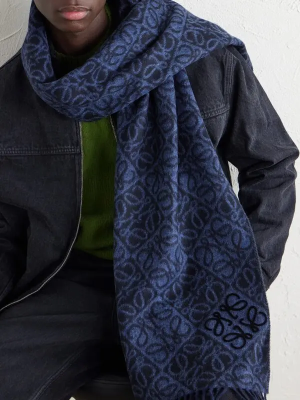 Loewe Anagram Fringed Jacquard-knit Wool And Cashmere-blend Scarf