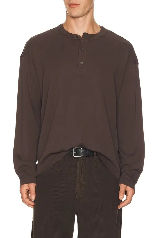 FRAME Long Sleeve Henley Shirt In Brown