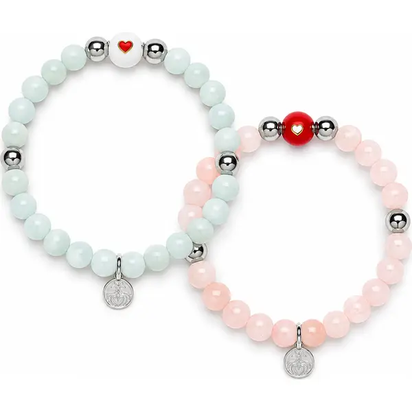SEVEN SAINTS Heart Glow Duo | Morganite & Green Moonstone Bracelet Set - Silver