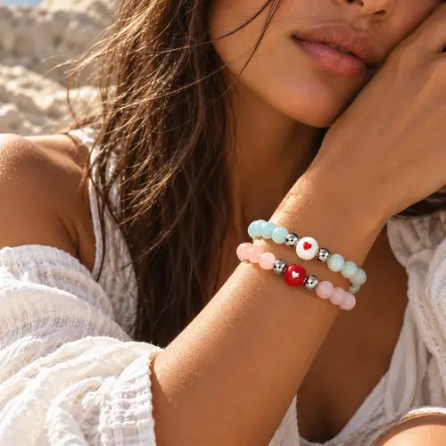 SEVEN SAINTS Heart Glow Duo | Morganite & Green Moonstone Bracelet Set - Silver