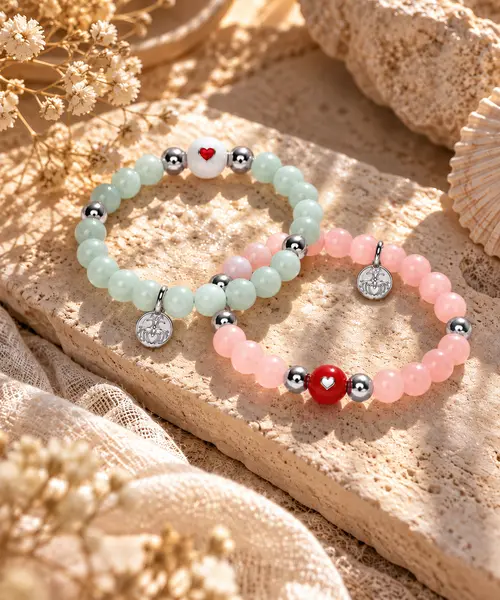 SEVEN SAINTS Heart Glow Duo | Morganite & Green Moonstone Bracelet Set - Silver
