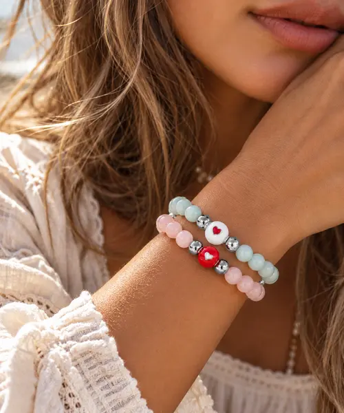SEVEN SAINTS Heart Glow Duo | Morganite & Green Moonstone Bracelet Set - Silver