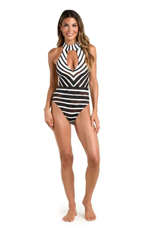 La Blanca Driftwood Stripe Plunge High Neck One-piece Swimsuit