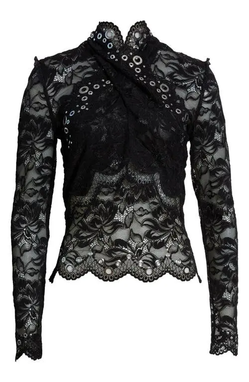 Rabanne Grommet Trim Lace Top - Black