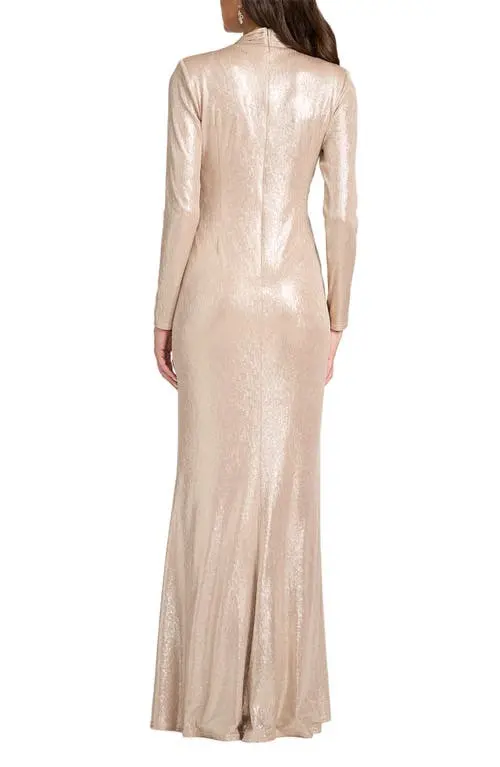 Tadashi Shoji Ferrum Metallic Twist Drape Gown