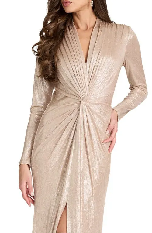 Tadashi Shoji Ferrum Metallic Twist Drape Gown