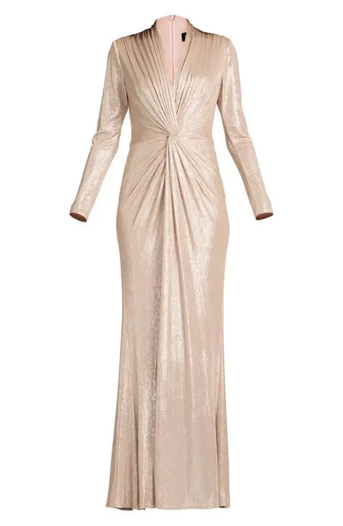 Tadashi Shoji Ferrum Metallic Twist Drape Gown
