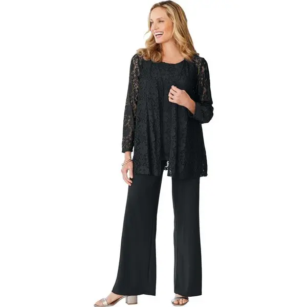 WOMAN WITHIN 3 Piece Lace Jacket/tank/pant Set - Black