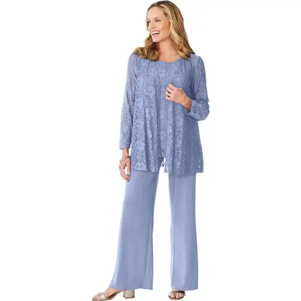 WOMAN WITHIN 3 Piece Lace Jacket/tank/pant Set - Periwinkle