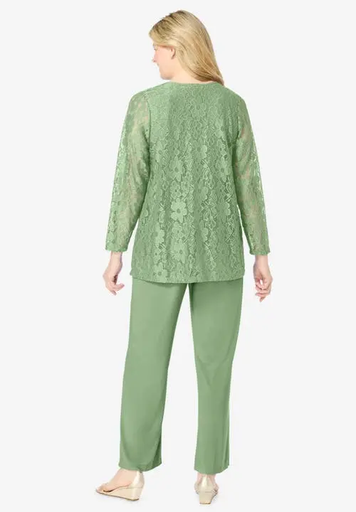 WOMAN WITHIN 3 Piece Lace Jacket/tank/pant Set - Sage