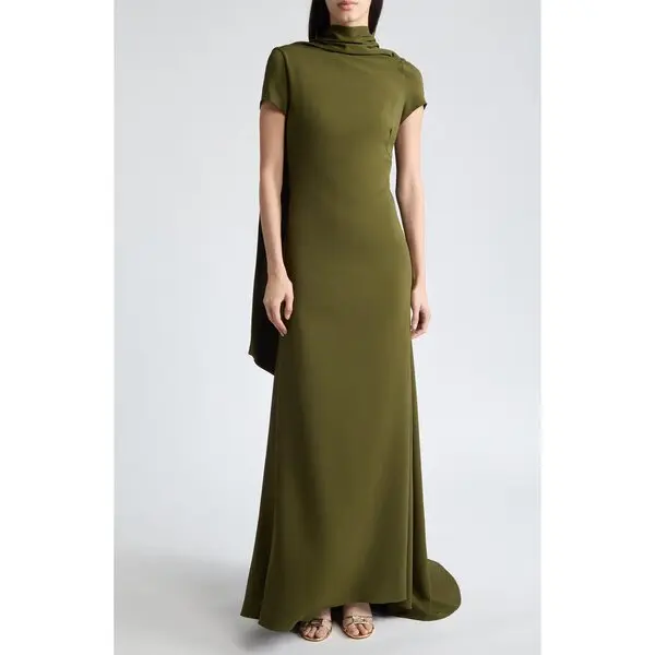 Oscar De La Renta Cape Effect Cady Gown - Dark Moss