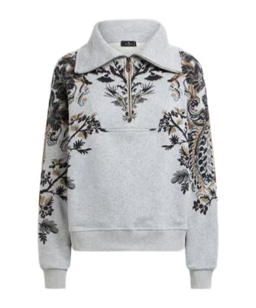 Etro Cotton Sweatshirt With Short-zip And Placed Paisley And Flower Print - Gray
