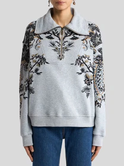 Etro Cotton Sweatshirt With Short-zip And Placed Paisley And Flower Print