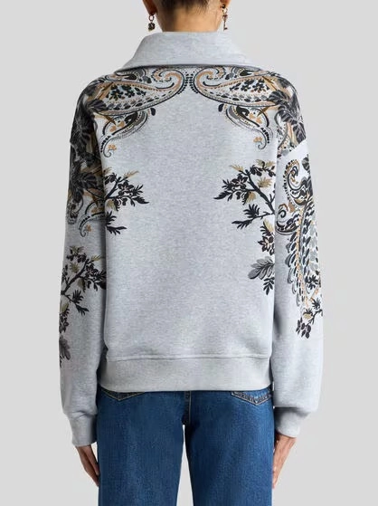 Etro Cotton Sweatshirt With Short-zip And Placed Paisley And Flower Print