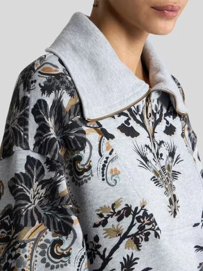 Etro Cotton Sweatshirt With Short-zip And Placed Paisley And Flower Print