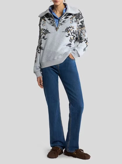 Etro Cotton Sweatshirt With Short-zip And Placed Paisley And Flower Print
