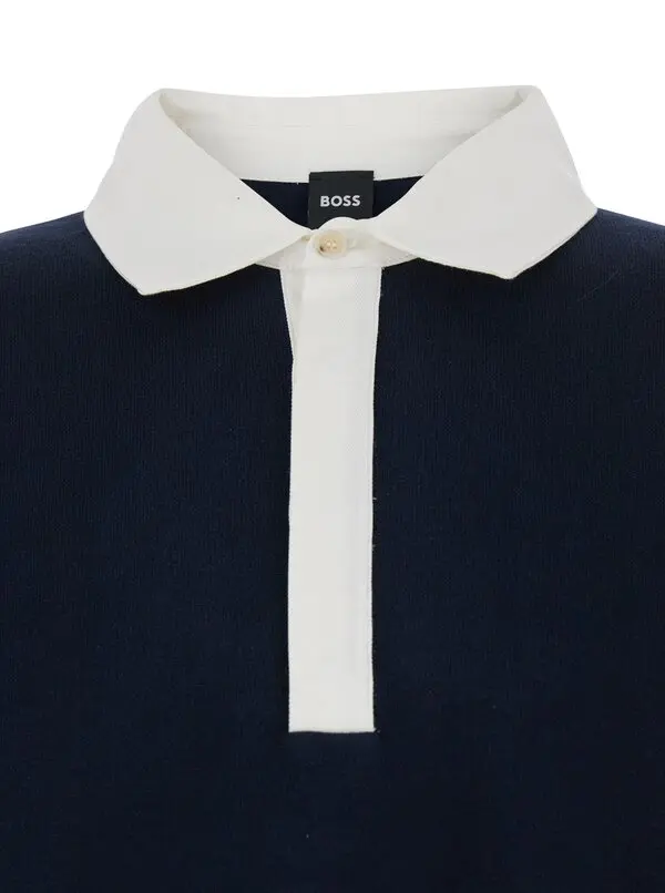 BOSS Blue Sweater With Polo-shirt Style Collar In Cotton And Wool Blend For